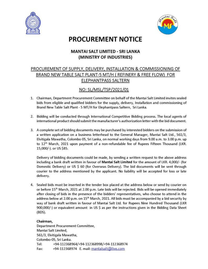 PROCUREMENT NOTICE – Sri Lanka Deputy High Commission